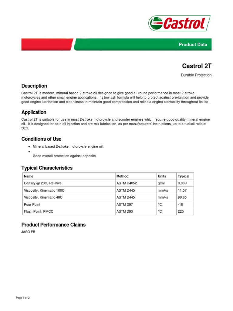 Castrol 2T: A Concise Product Data Sheet Describing the Key Features ...