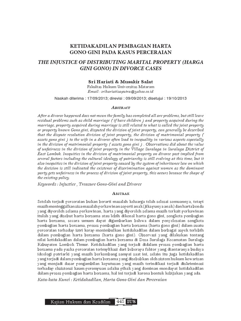 The Injustice of Distributing Marital Property (Harga Gini Gono) in ...