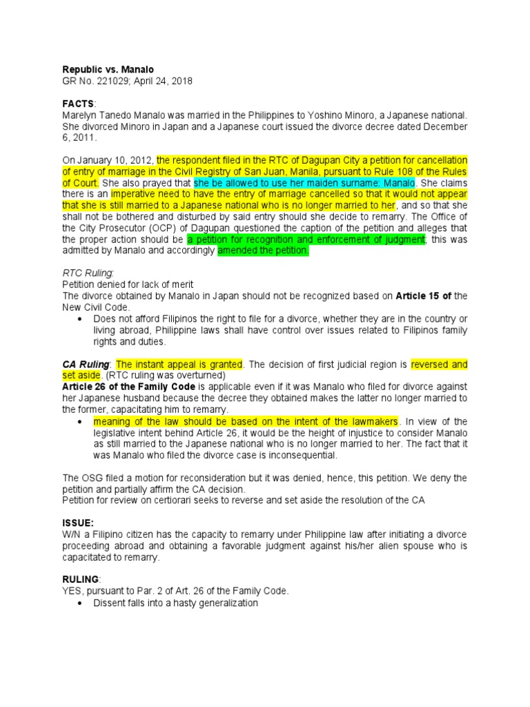 Republic vs. Manalo: RTC Ruling | PDF | Divorce | Marriage