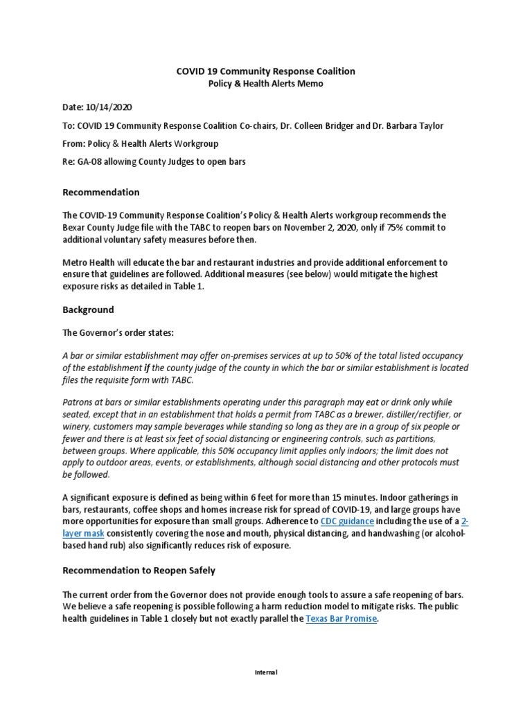 New Policy Health Alerts Memo Reopen Bars Final To Judge | PDF | Hand ...