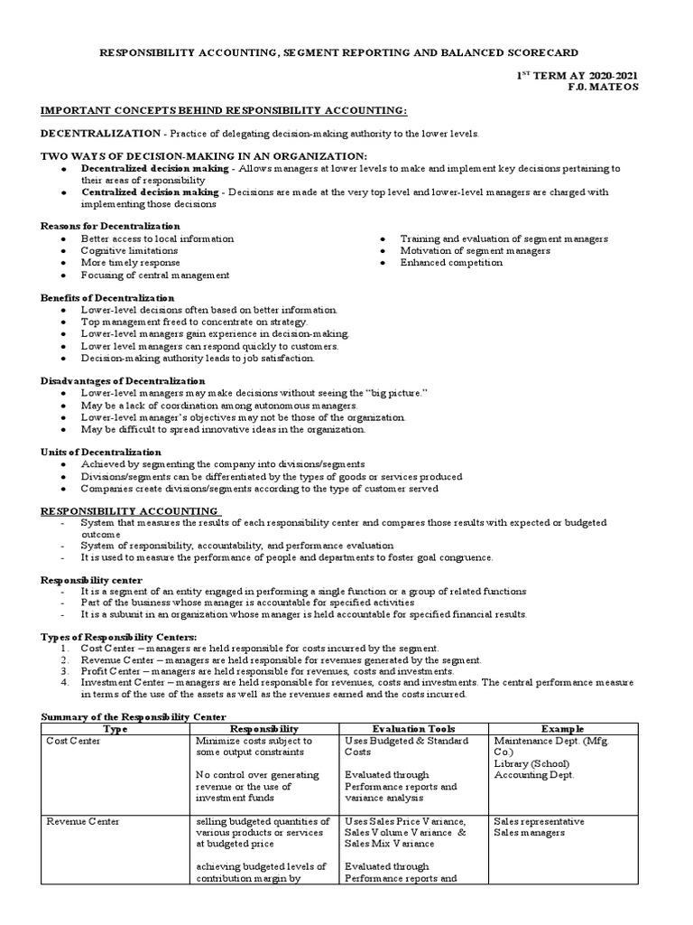 MANACC2 - Responsibility Accounting, Segment Reporting and Balanced Scorecard | PDF | Return On ...