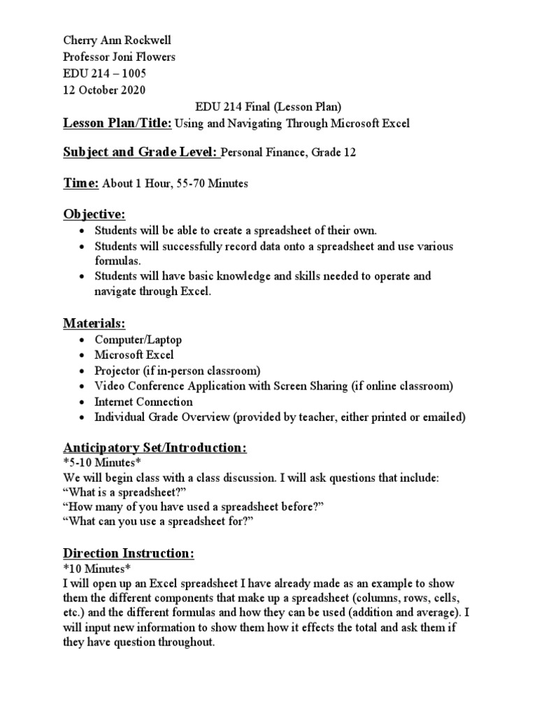 Lesson Plan/Title: Subject and Grade Level: Time: Objective | PDF ...