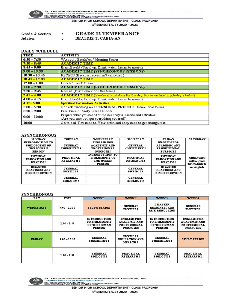 Grade 12 Class Program 2020-2021 | PDF | Academic Term | Disaster Risk ...