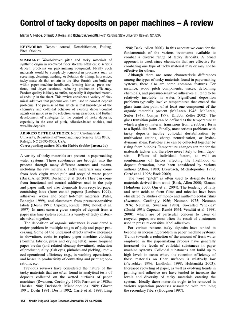 Control of Tacky Deposits On Paper Machines - A Review PDF | PDF ...