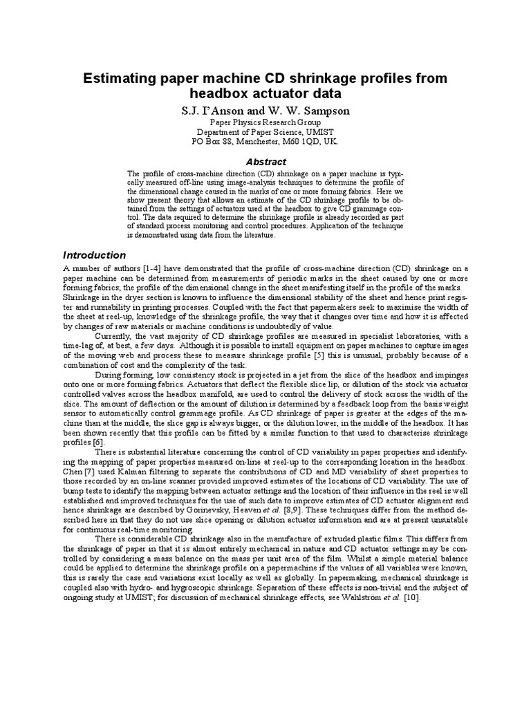Estimating Paper Machine CD Shrinkage Profiles From Headbox Actuator Data PDF | PDF | Variable ...
