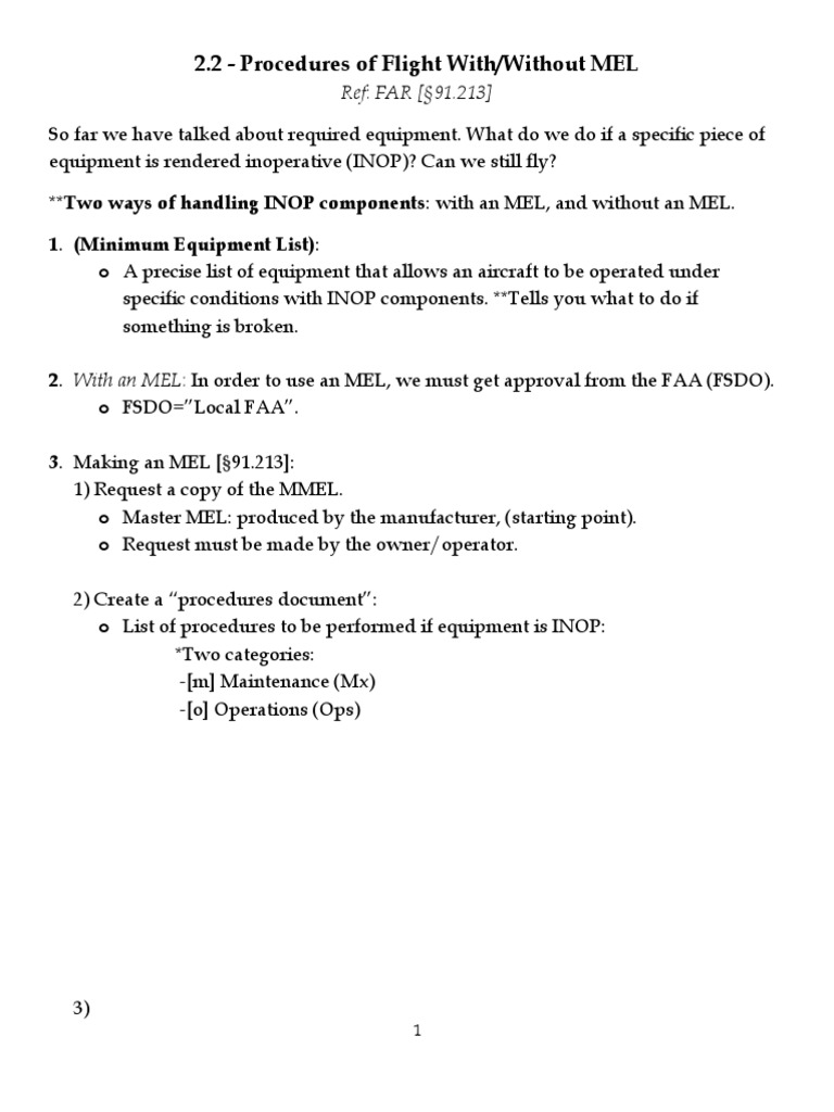 2.2 - Procedures of Flight With/Without MEL: Ref: FAR (91.213) | PDF ...