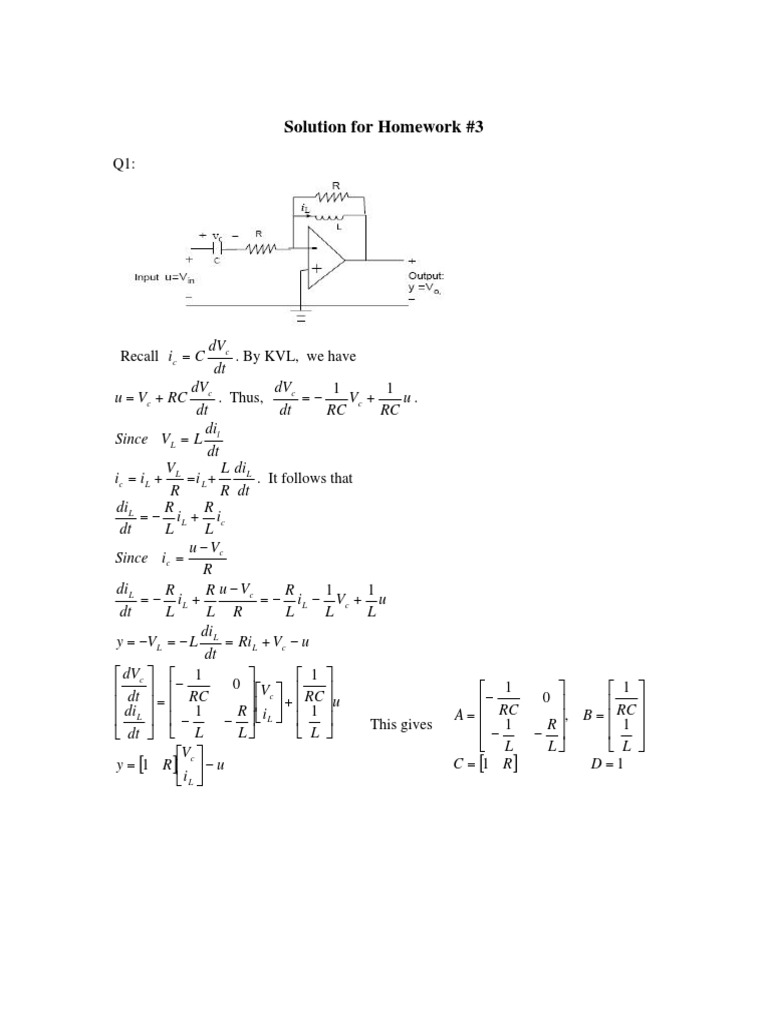 Solution For Homework #3: DT DV C I DV RC V U U RC V RC DT DV | PDF ...