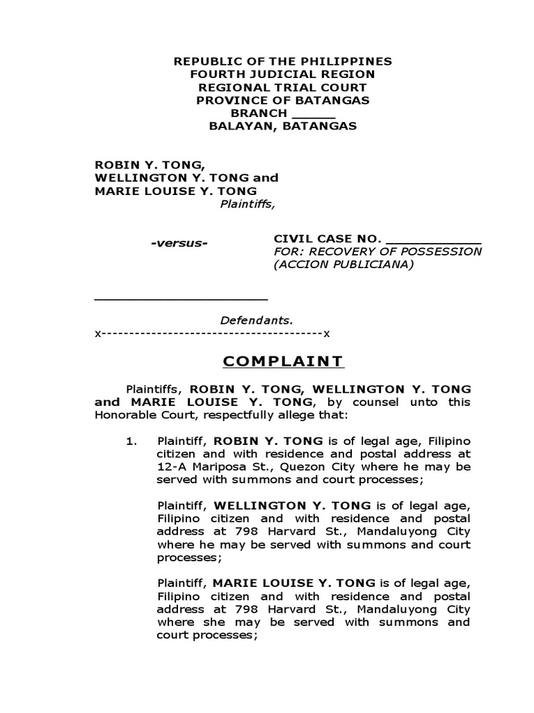 Complaint-Accion Publiciana (Specific Person) (AutoRecovered) | PDF | Damages | Lawsuit