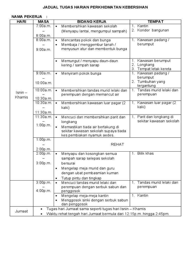 Contoh Jadual Tugas Pekerja | PDF
