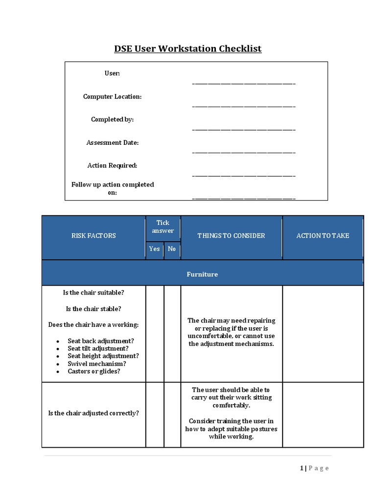 DSE Risk Assessment Workstation Checklist | PDF | Chair | Computer Keyboard