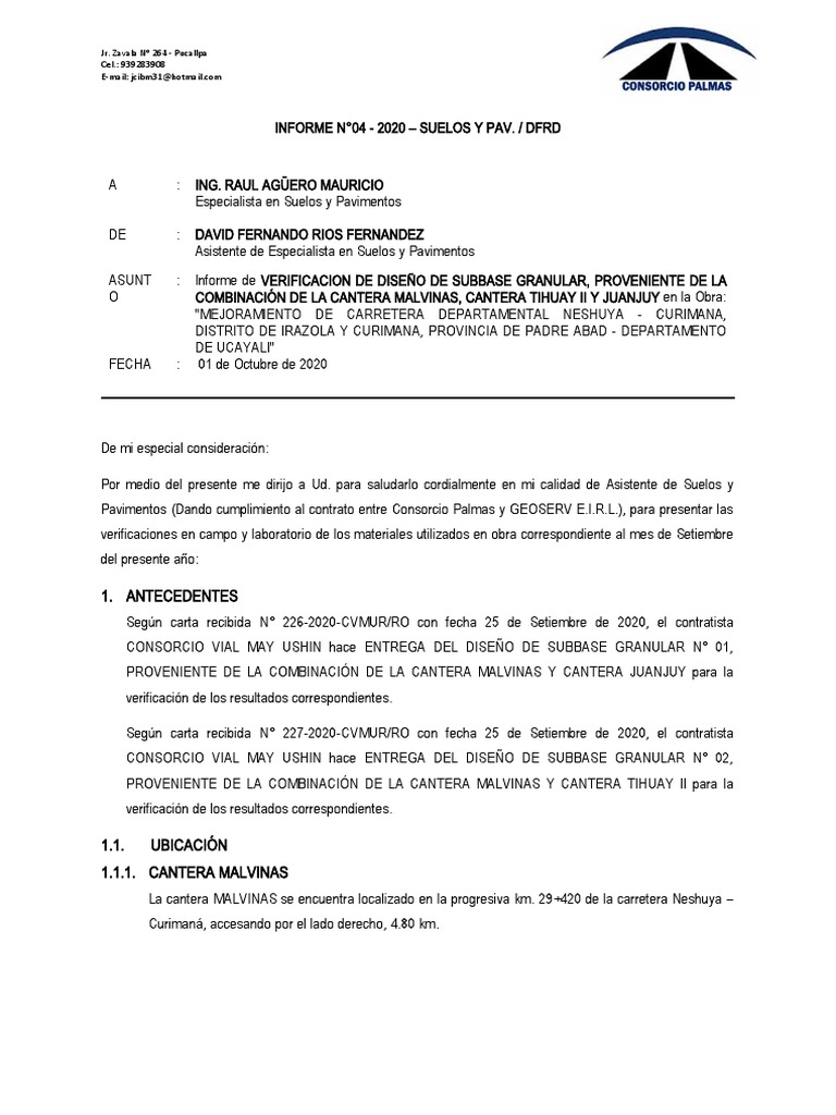 Informe de Verificacion de Material Subbase Granular | PDF | Ingeniero civil | Horticultura y ...