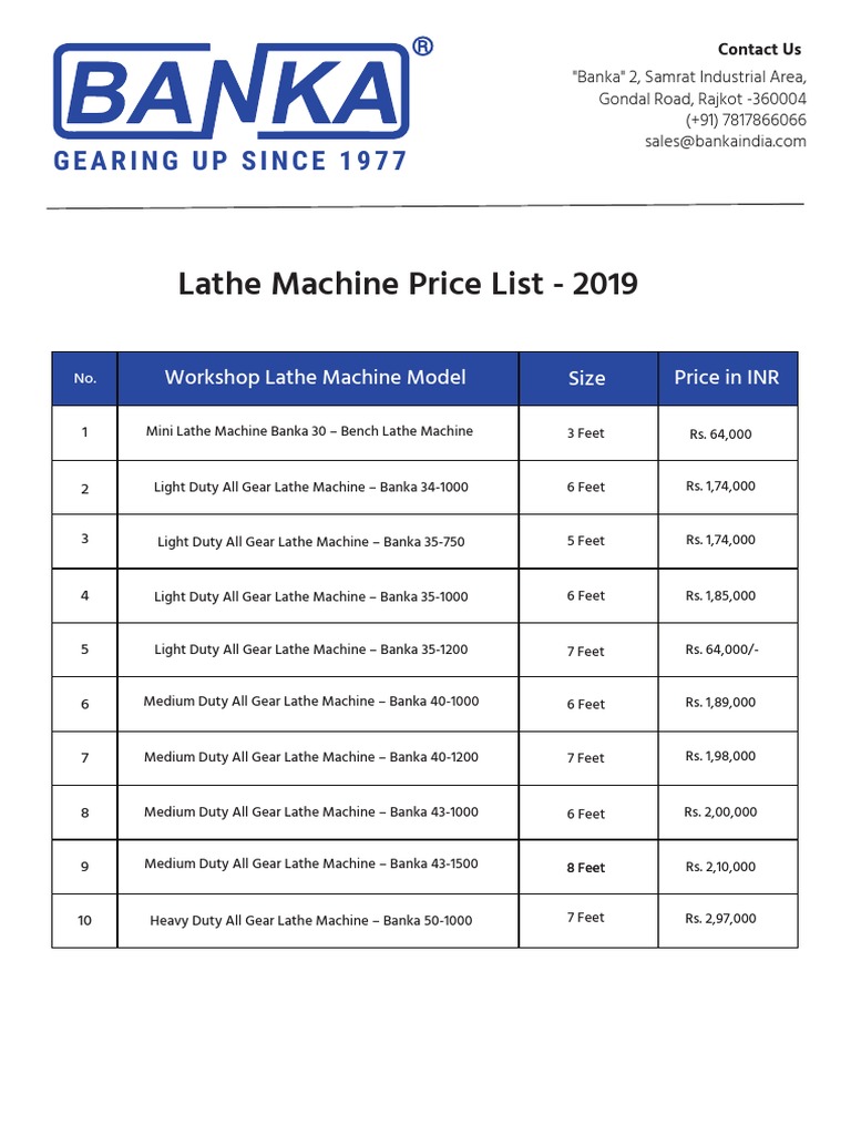 Lathe Machine Price List - 2019: Gearing Up Since 1977 | PDF | Machines ...