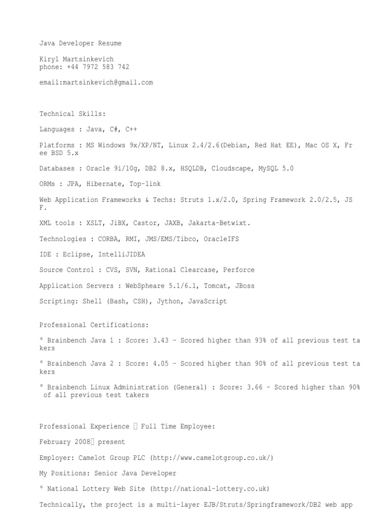 Resume of Java Developer J2EE - Java Developer Resume | PDF | Spring ...