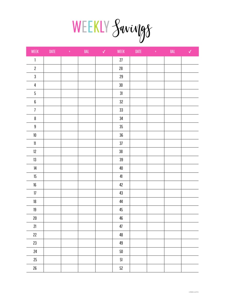 52 Week Money Challenge Blank Chart | PDF