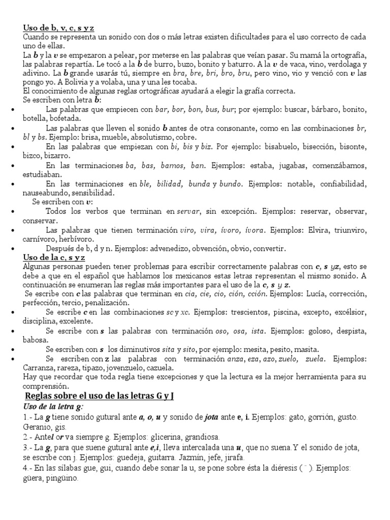 Uso de letras b, v, c, s y z en español | PDF | Plural | Morfología ...