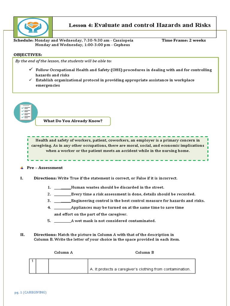 Evaluate and Control Hazards and Risks: Lesson 4 | PDF | Personal ...