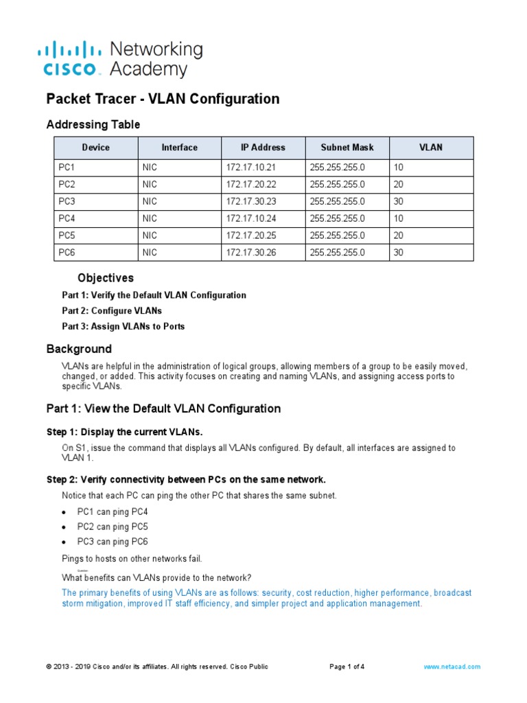 3.3.12 Packet Tracer - VLAN Configuration | PDF | Network Interface Controller | Computer Network