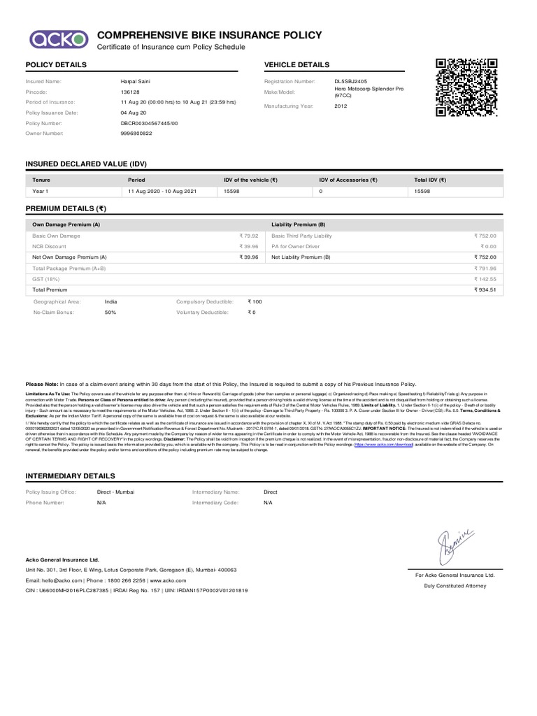 Comprehensive Bike Insurance Policy | PDF | Liability Insurance ...