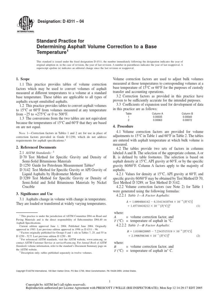 ASTM D4311 - Volume Correction PDF | PDF | Science & Mathematics