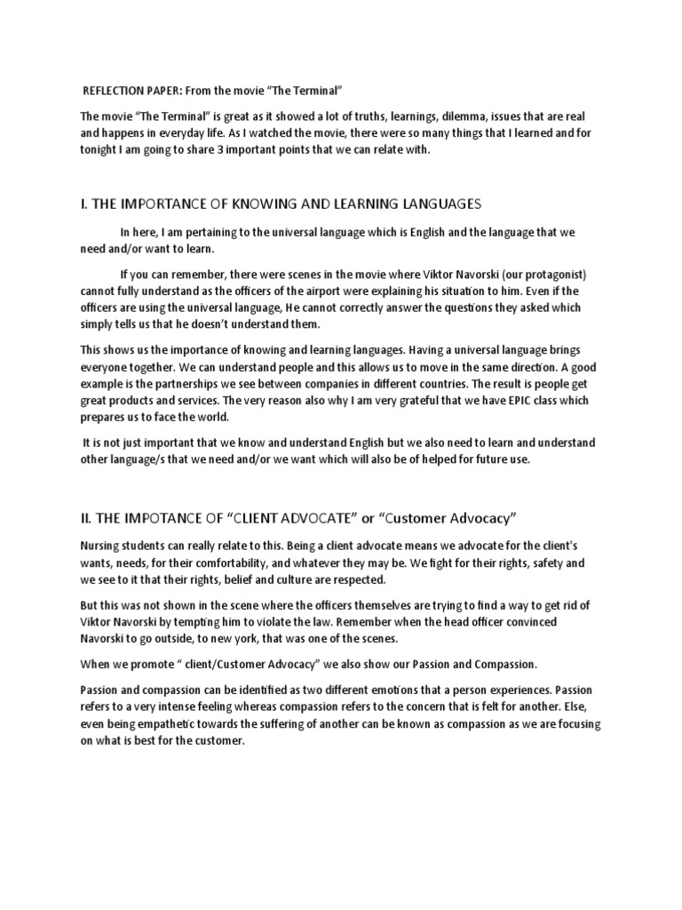 REFLECTION PAPER For The Movie "The Terminal" | PDF | Empathy | Compassion
