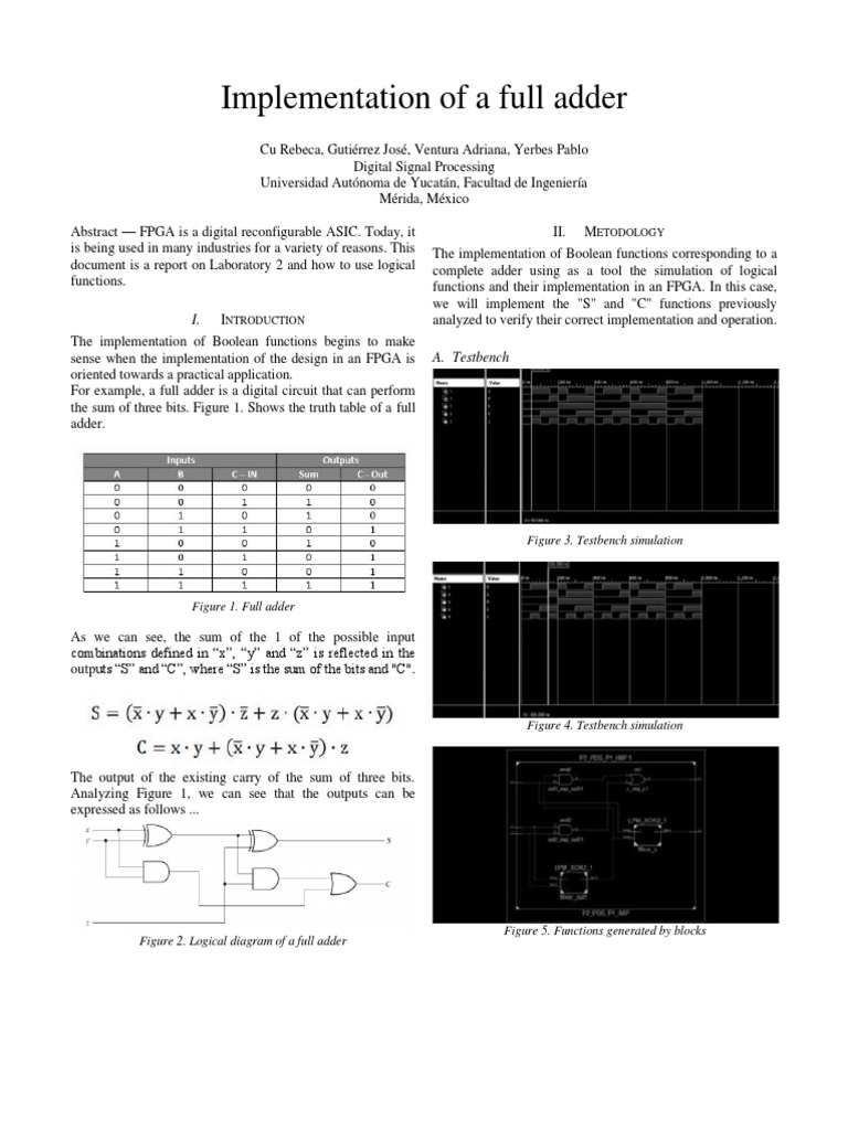 Full Adder Implementation in FPGA | PDF | Field Programmable Gate Array | Digital Electronics