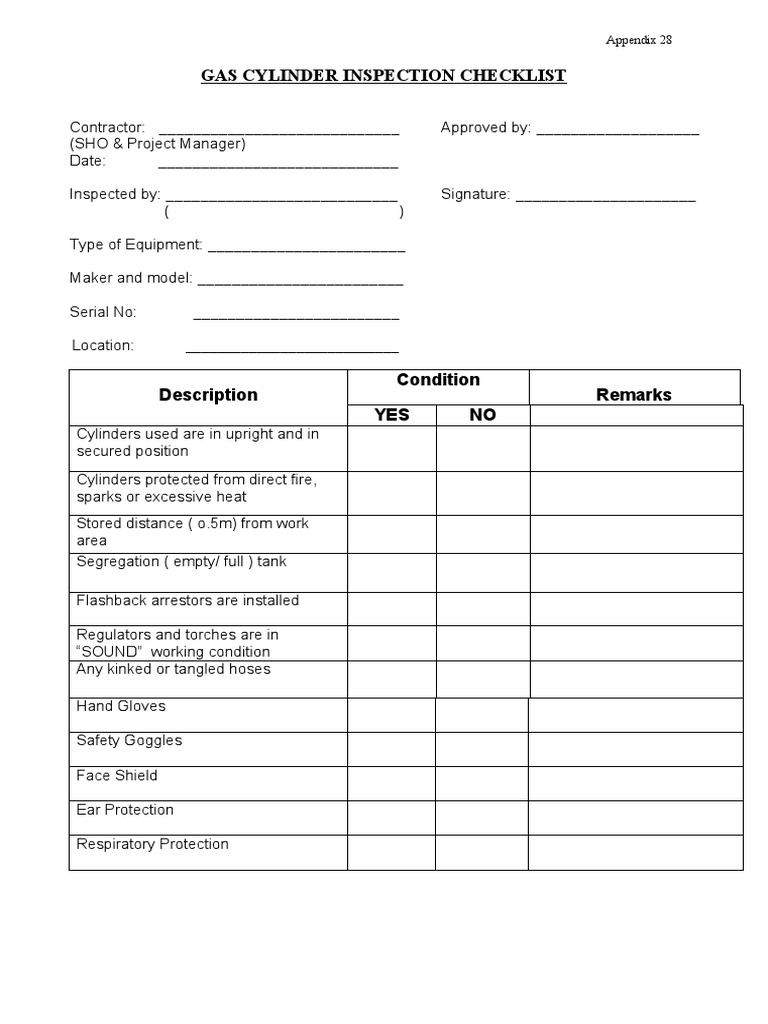 Gas Cylinder Inspection Checklist: Appendix 28 | PDF