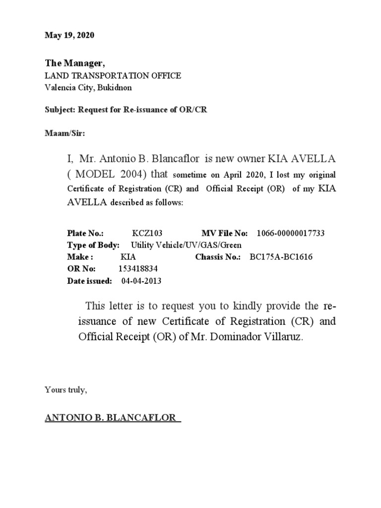 Request for Re-issuance of OR/CR | PDF | Business | Finance & Money ...