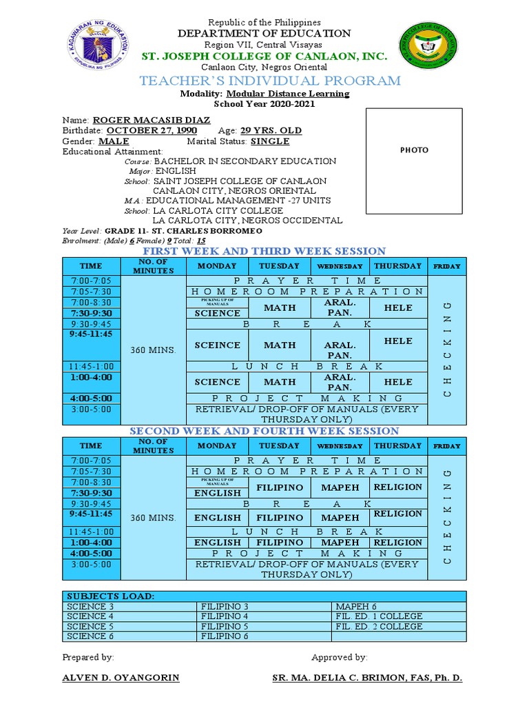 Teacher'S Individual Program: St. Joseph College of Canlaon, Inc | PDF ...