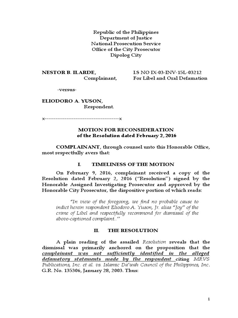 Motion For Reconsideration | PDF | Defamation | Probable Cause