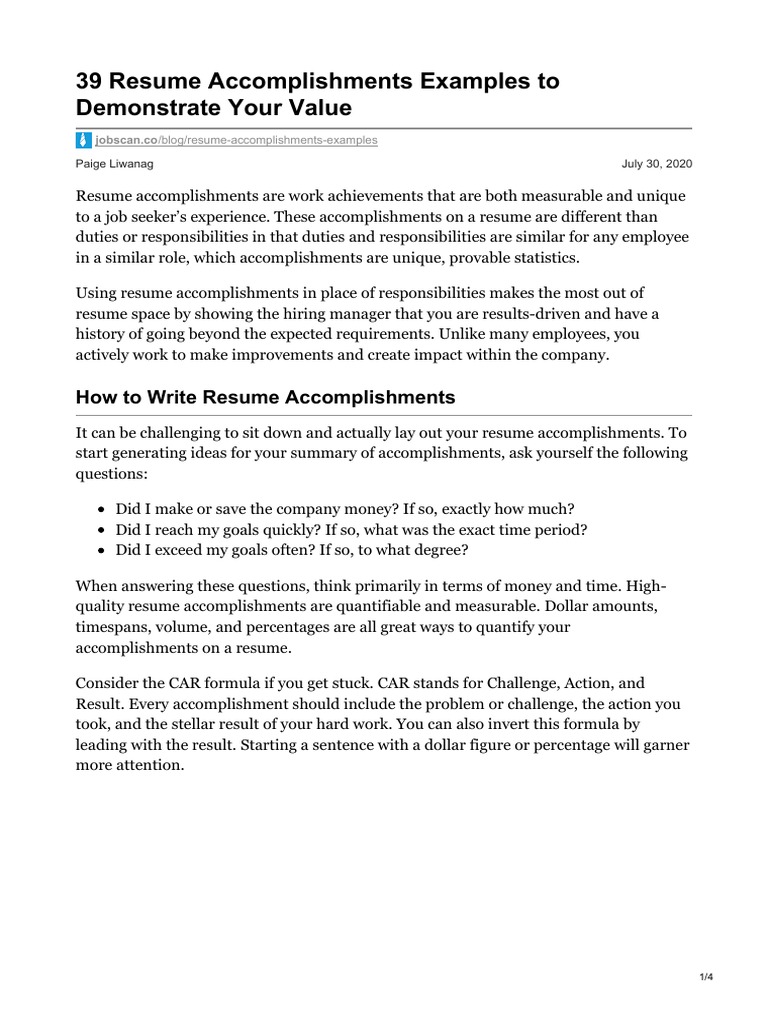 Jobscan - Co-39 Resume Accomplishments Examples To Demonstrate Your ...