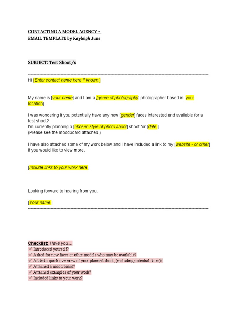 EMAIL TEMPLATE by Kayleigh June: Contacting A Model Agency | PDF ...
