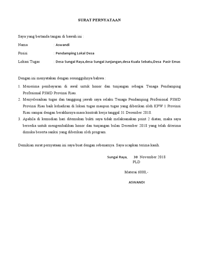 Surat Pernyataan Menerima Honor Di Awal | PDF