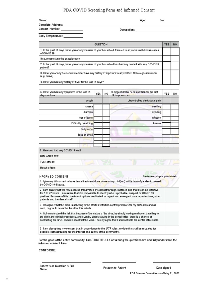 Fillable PDA COVID Form and Informed Consent | PDF | Medicine | Health ...
