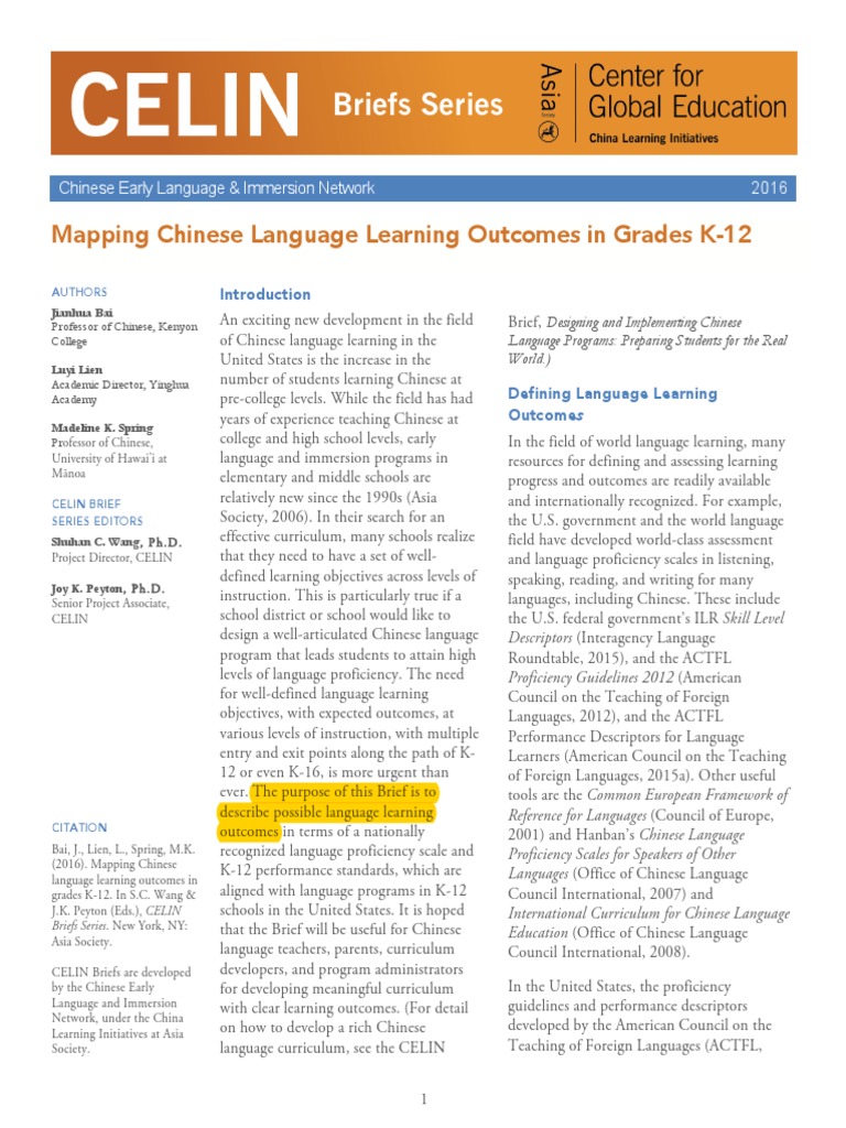 Mapping Chinese Language Learning Outcomes in Grades K-12 | PDF ...