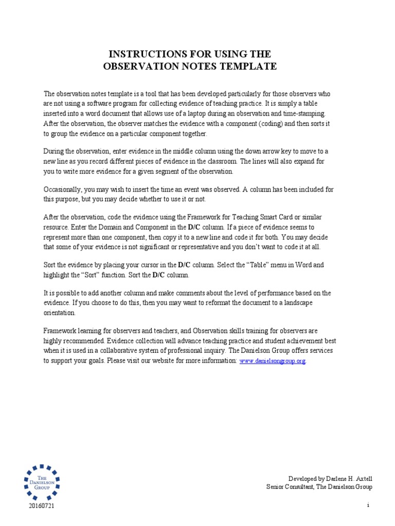 Instructions For Using The Observation Notes Template | PDF | Education ...