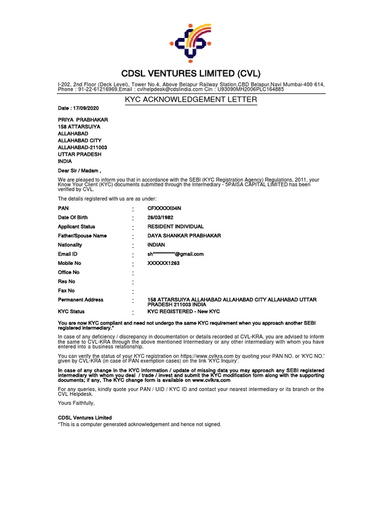 CDSL Ventures Limited (CVL) : Kyc Acknowledgement Letter | PDF ...