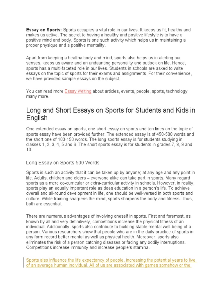 Long and Short Essays On Sports For Students and Kids in English | PDF