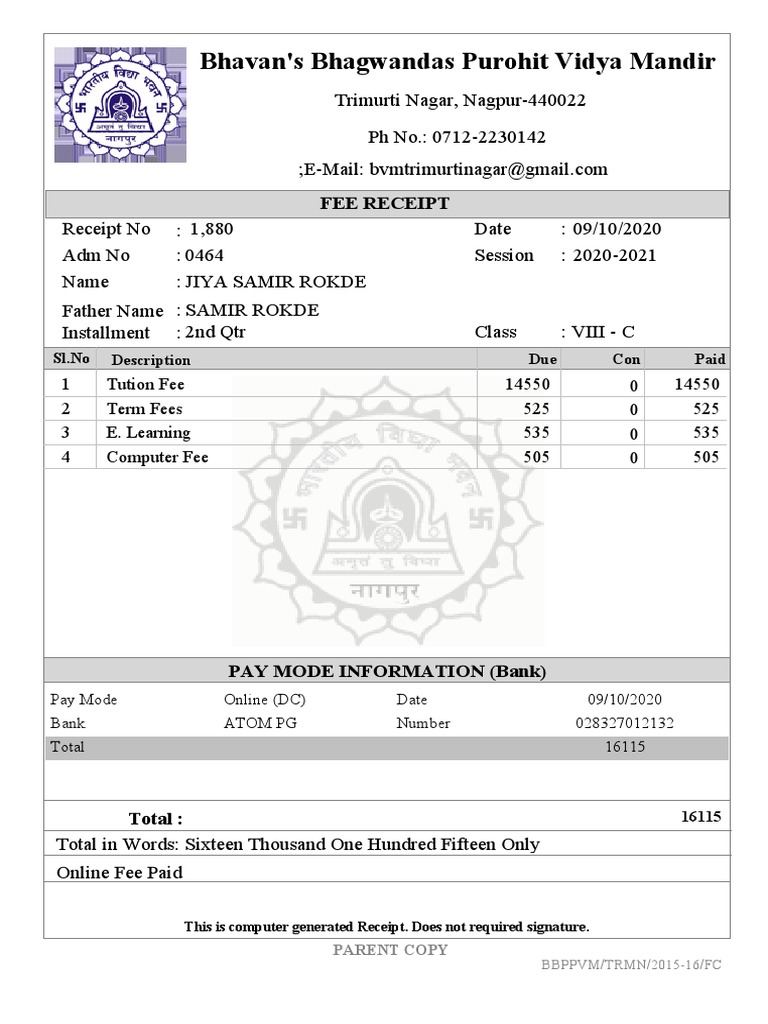Bhavan's Bhagwandas Purohit Vidya Mandir: Fee Receipt | PDF