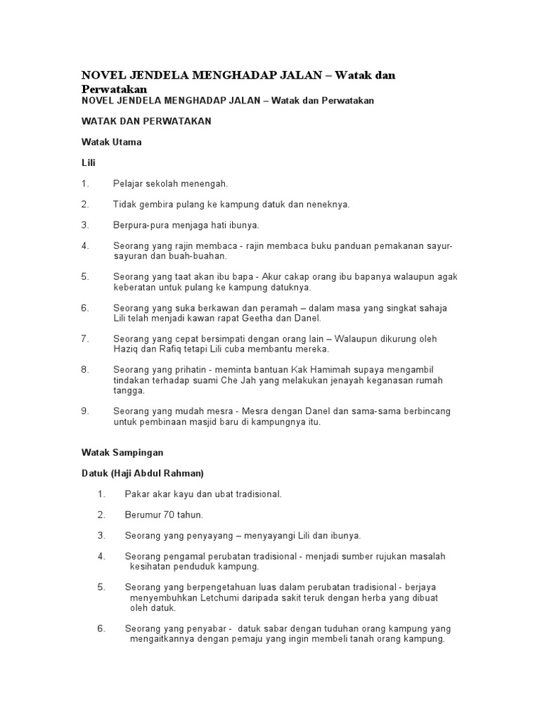 NOVEL JENDELA MENGHADAP JALAN - Watak Dan Perwatakan 4A | PDF