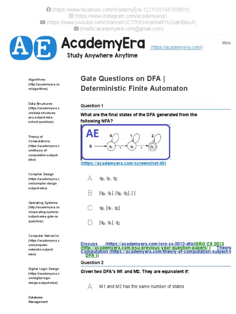 Gate Questions On DFA - Deterministic Finite Automaton - AcademyEra3 PDF | PDF | Formal Methods ...