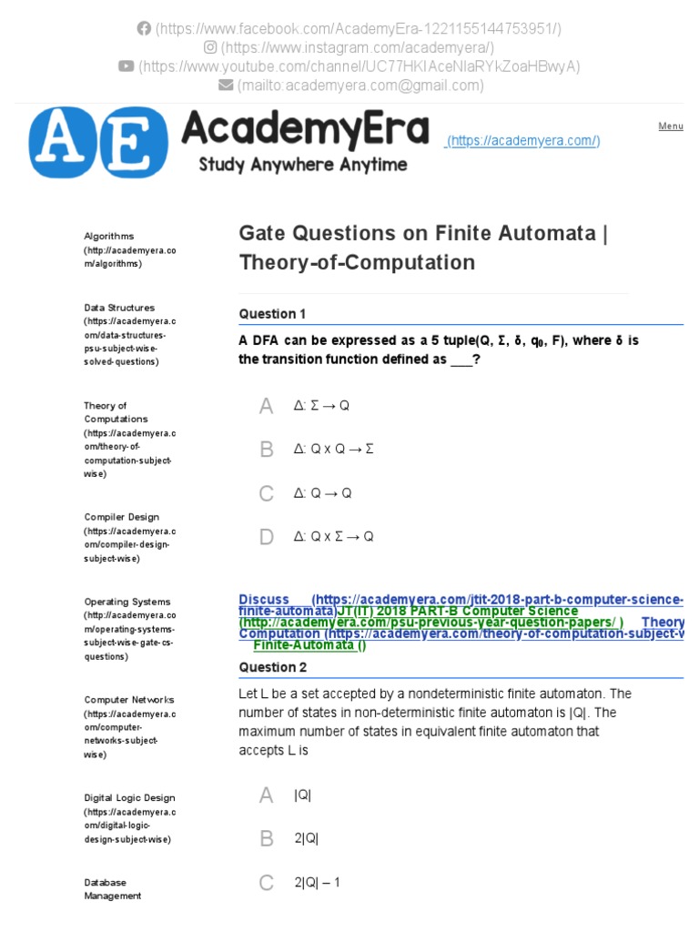Gate Questions On Finite Automata - Theory-of-Computation - AcademyEra2 ...