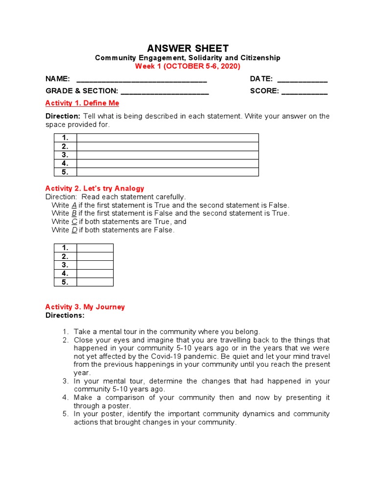 Answer Sheet: Week 1 (OCTOBER 5-6, 2020) | PDF | Community | Cognition