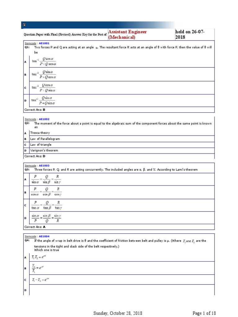 2018 - 10 - Assistant Engineer (Mechanical) - Fnalanswerkey ...