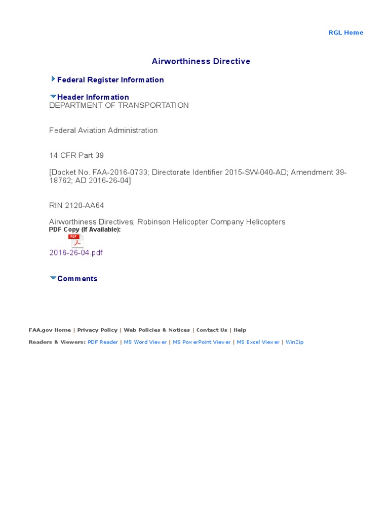 Airworthiness Directive: Federal Register Information Header ...