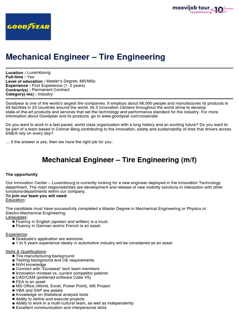 GOODYEAR DUNLOP TIRES OPERATIONS S.A.-Mechanical Engineer Tire ...