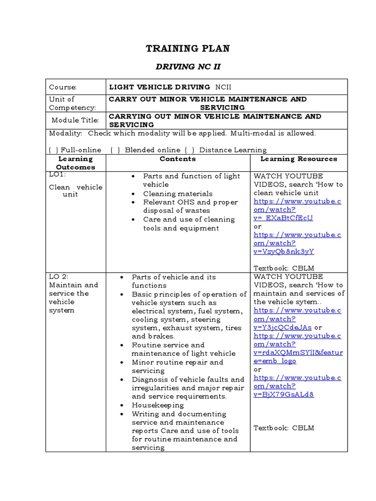 DRIVING NC II Training Plan New | PDF | Vehicles | Traffic