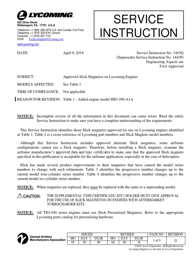 SI1443Q Approved Slick Magnetos | PDF | Aviation | Aircraft