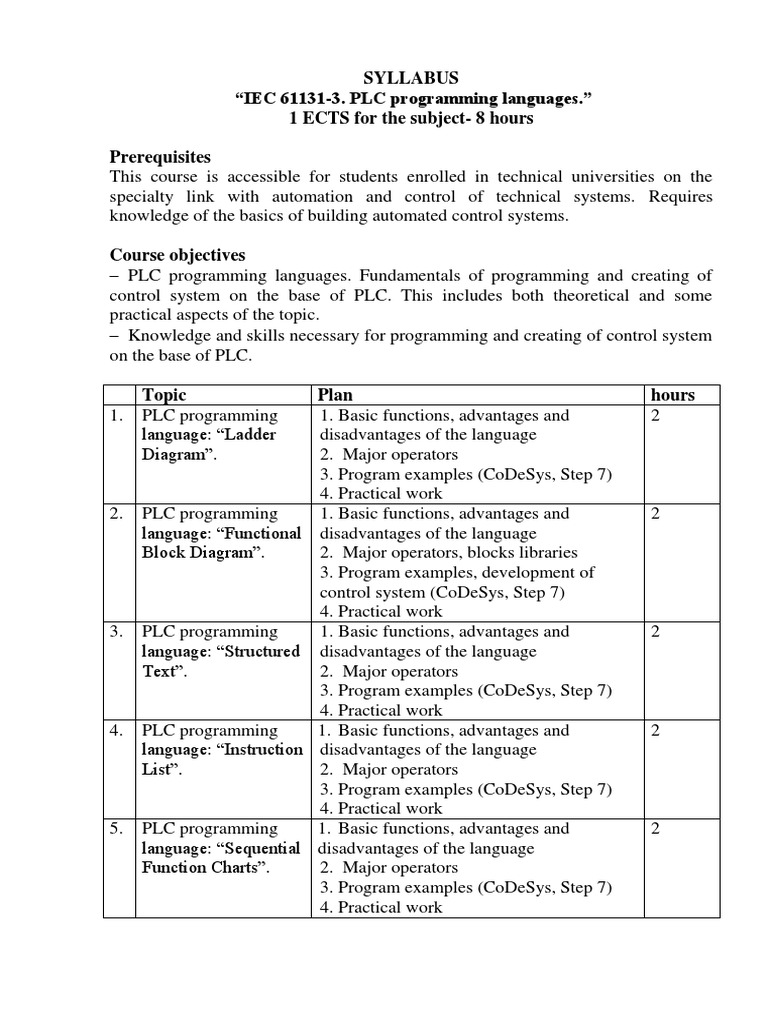 Syllabus "IEC 61131-3. PLC Programming Languages." 1 ECTS For The ...