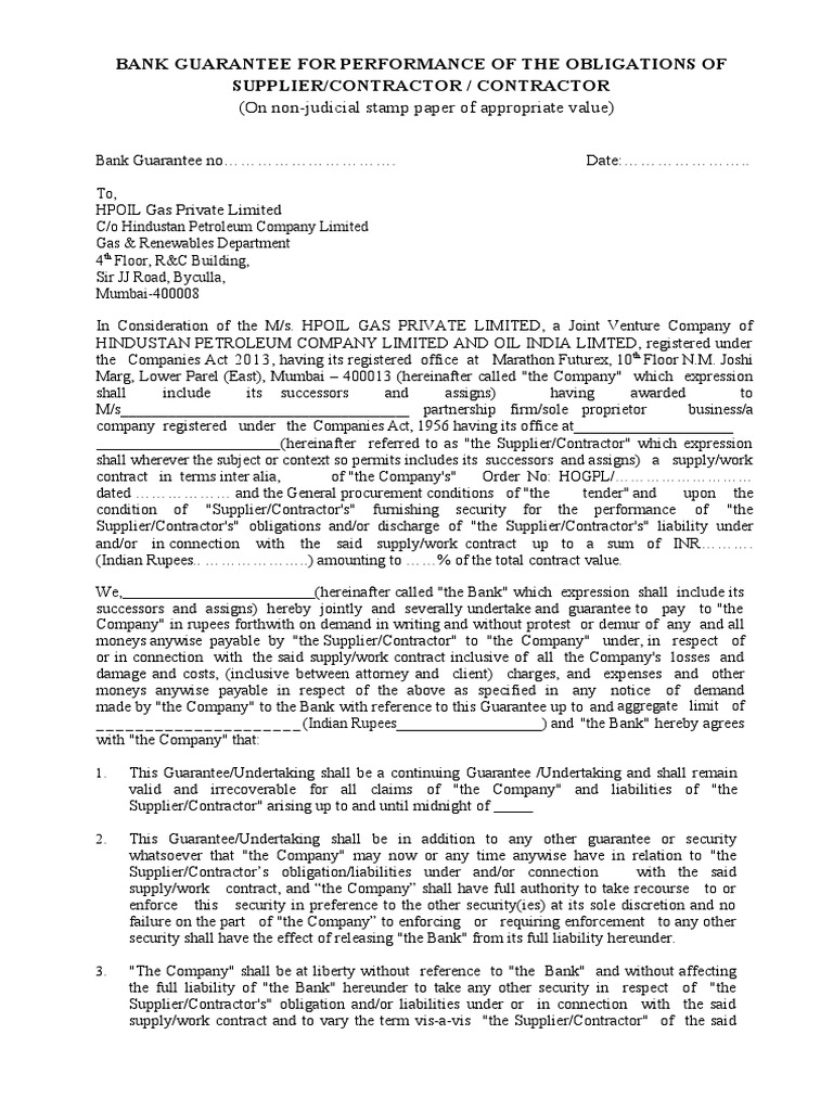 Bank Guarantee For Performance of The Obligations of Supplier ...