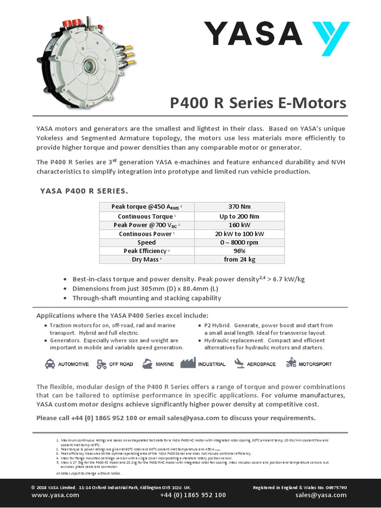 YASA P400 Product Sheet PDF | PDF | Electric Motor | Hybrid Vehicle